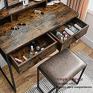 JESONVID Vanity Table with Upholstered Stool Set Makeup Dressing Table Desk with Tri-Fold Mirror 2 Drawers and Industrial Style Padded Stool for Bedroom Dressing Room 21304RC