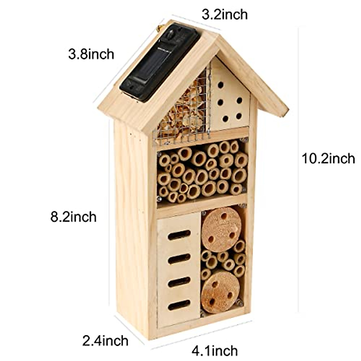 antiai Wooden Multi Insect Bee Butterfly House with Light,Solar Lighting Insect House Hotel,an Outdoor Hanging Bamboo Habitat for Mason Bee Butterfly Ladybugs Live,Bee Box,Butterfly Habitat for Garden