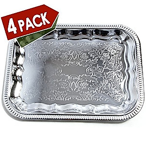 Maro Megastore (Pack of 4) 13.4-Inch x 10-Inch Oblong Rectangular Trim Victoria Flower Engraved Chrome Plated Serving Plate Mirror Tray Platter Tableware Candle Deco Art Holiday Party(Small) T227s-4pk