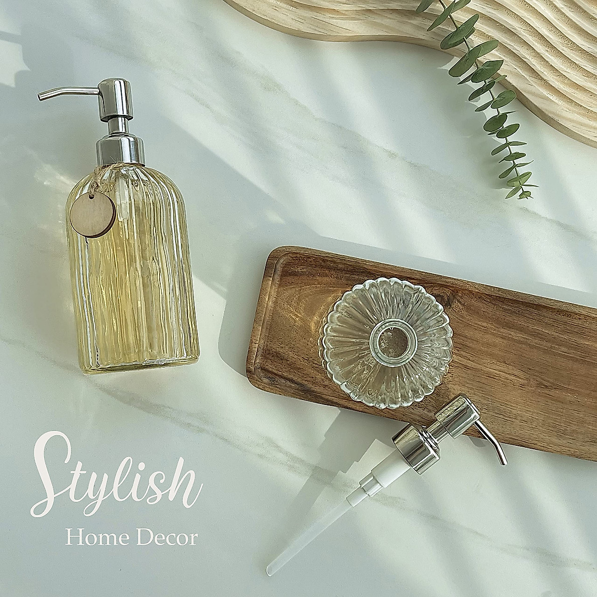 JASAI 2PACK 18 Oz Glass Soap Dispenser with Rust Proof Stainless Steel Pump, Refillable Hand Soap Dispenser with Vertical Stripe, Premium Bathroom Soap Dispenser for Kitchen & Bathroom.