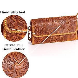 Handmade Small Crossbody Shoulder Bag for Women, Cellphone Bags Adjustable Strap, Leather Card Holder Wallet Purse and Handbags With Zipper Coin Clutch for Teen Girls Bags (Carved Camel)