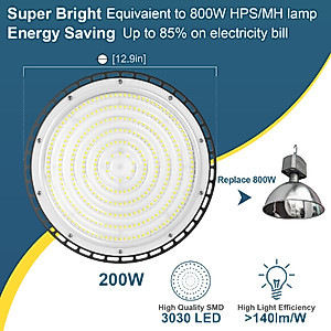 JOMITOP 200 Watt High Bay LED Light 28000 Lumen ETL Listed 5000K Bright White, 800W HPS or MH Bulbs Equivalent, Industrial Highbay Light, Warehouse Light Fixtures, AC 90-277V 2 Pack