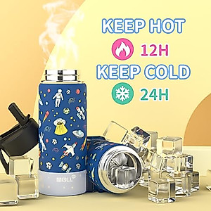 Mollcity 12 oz Stainless Steel Vacuum Insulated Wide Mouth Sports Water Bottle with Straw - Metal Water Flask for Kids for School, BPA-Free-Astronaut