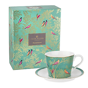 Portmeirion Sara Miller London Chelsea Teacup and Saucer, Green | 8 Oz Cup for Drinking Tea and Coffee | Made from Fine China with Gold Detail | Handwash Only