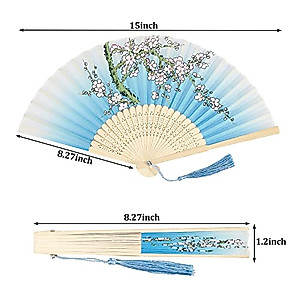 Barydat 6 Pieces Folding Fans Chinese Style Bamboo Handheld Fans Vintage Silk Fabric Holding Fan Foldable for Wedding Dancing Cosplay Party Wall Decoration