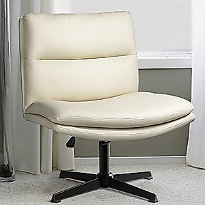 LEMBERI PU Leather Armless Office Desk Chair No Wheels,Criss Cross Legged Home Office chairs, Wide Padded Swivel vanity chair,120°Rocking Mid Back Ergonomic Computer Task Chair for Make Up,Small Space