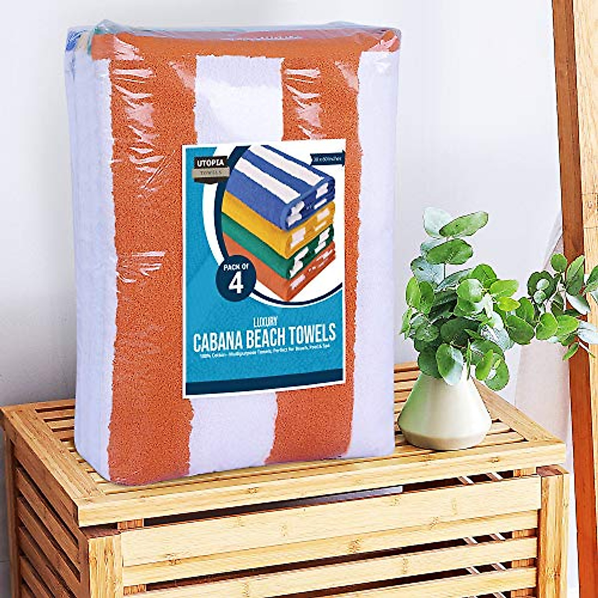 Utopia Towels [4 Pack] Cabana Stripe Beach Towel, (30 x 60 Inches) Oversized 100% Ring Spun Cotton Pool Towels, Highly Absorbent Quick Dry Bath Towels for Bathroom, and Swim Towel (Blue, Yellow, Green, Orange)