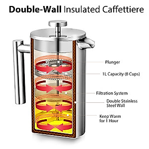 34oz French Press Coffee Maker, 1000ml Stainless Steel Double Insulated Cafetiere 8 Cup Espresso Coffee Press, Portable Coffee Plunger Pot for Home, Office, Camping
