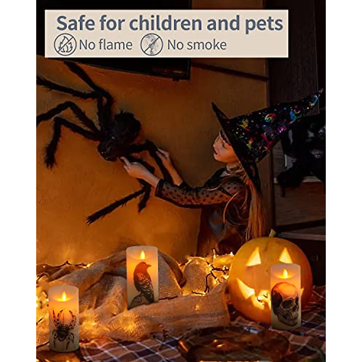 SHYMERY Halloween Decorations Indoor,Halloween Candles with Remote Timer,Skull,Spider Web,Crow Decor Raven Decals,Battery Operated Canldes for Table Witchy Bathroom Kitchen Spooky Home Decoration