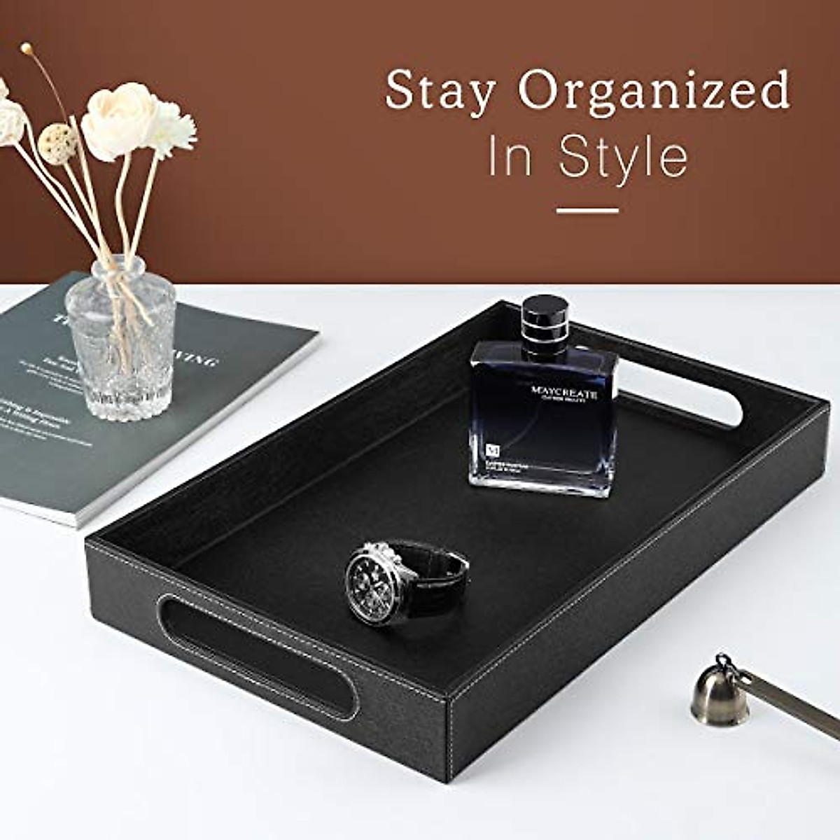 Luxspire Valet Tray with Handles, 15"Large PU Decorative Ottoman Serving Tray, Coffee Table Tray, Catchall Tray Countertop Storage, Mens Vanity Tray for Jewelry Key Cologne Nightstand Organizer, Black