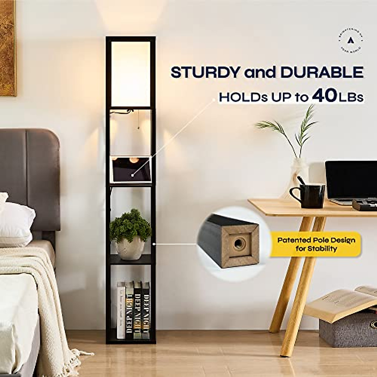 ATAMIN Avery - 63" Floor Lamp with Fast Charging USB, USB-C & Power Outlet, Shelf Floor Lamps for Living Room, Standing Lamp with Charging Station - Black