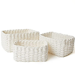 LA JOLIE MUSE Woven Storage Baskets for Organizing, Recycled Paper Rope Basket Bin Divider for Makeup Towel Shelf Cupboards Drawer Closet Dresser, Decorative White Storage Basket Set of 3