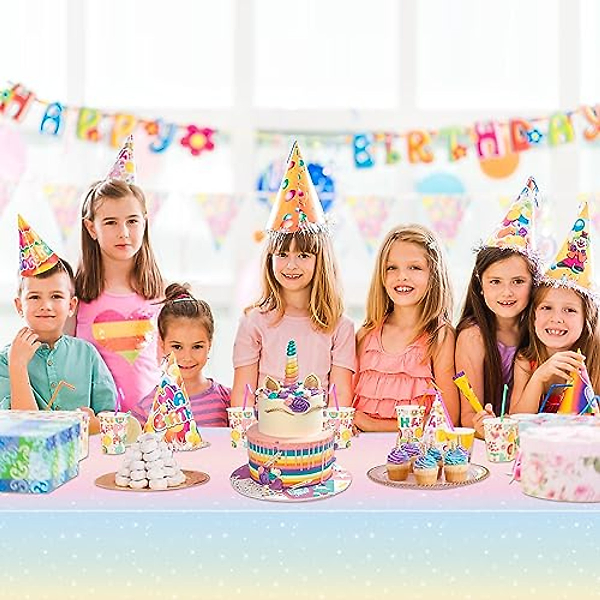 QUERICKY 4 Pack Pastel Rainbow Tablecloths, 51x87'' Plastic Disposable Rectangle Pastel Rainbow Table Cover for Girls Rainbow Birthday Party Decorations Baby Shower Party Supplies