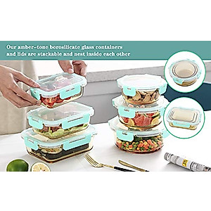 Emica Glass Food Container Set-6 Pack, Glass Amber Color Meal Prep Containers, Food Prep Containers Glass with Lids, Airtight Glass Bento Boxes (6 Containers & 6 Lids)