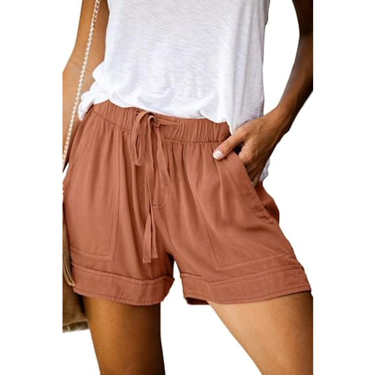 ANFTFH Womens Comfy Drawstring Casual Elastic Waist Pocketed Shorts Orange L