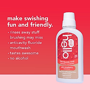Hello Kids Wild Strawberry Natural Flavor Anticavity Fluoride Rinse - Vegan, Alcohol Free, and SLS Free Mouthwash for Children Age 2 and Up - 16 Ounce (Pack of 3)