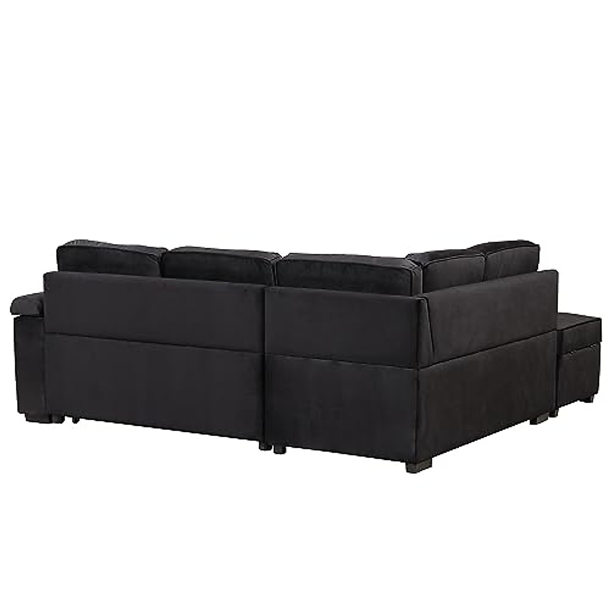 Eafurn 87.4" L Shaped Convertible Sectional Pull-Out Bed, Linen Upholstery Corner Storage Ottoman and Cup Holder & Dual USB Charge, 5 Seater Sofa & Couch for Living Room, Black w/ 2 Pillows