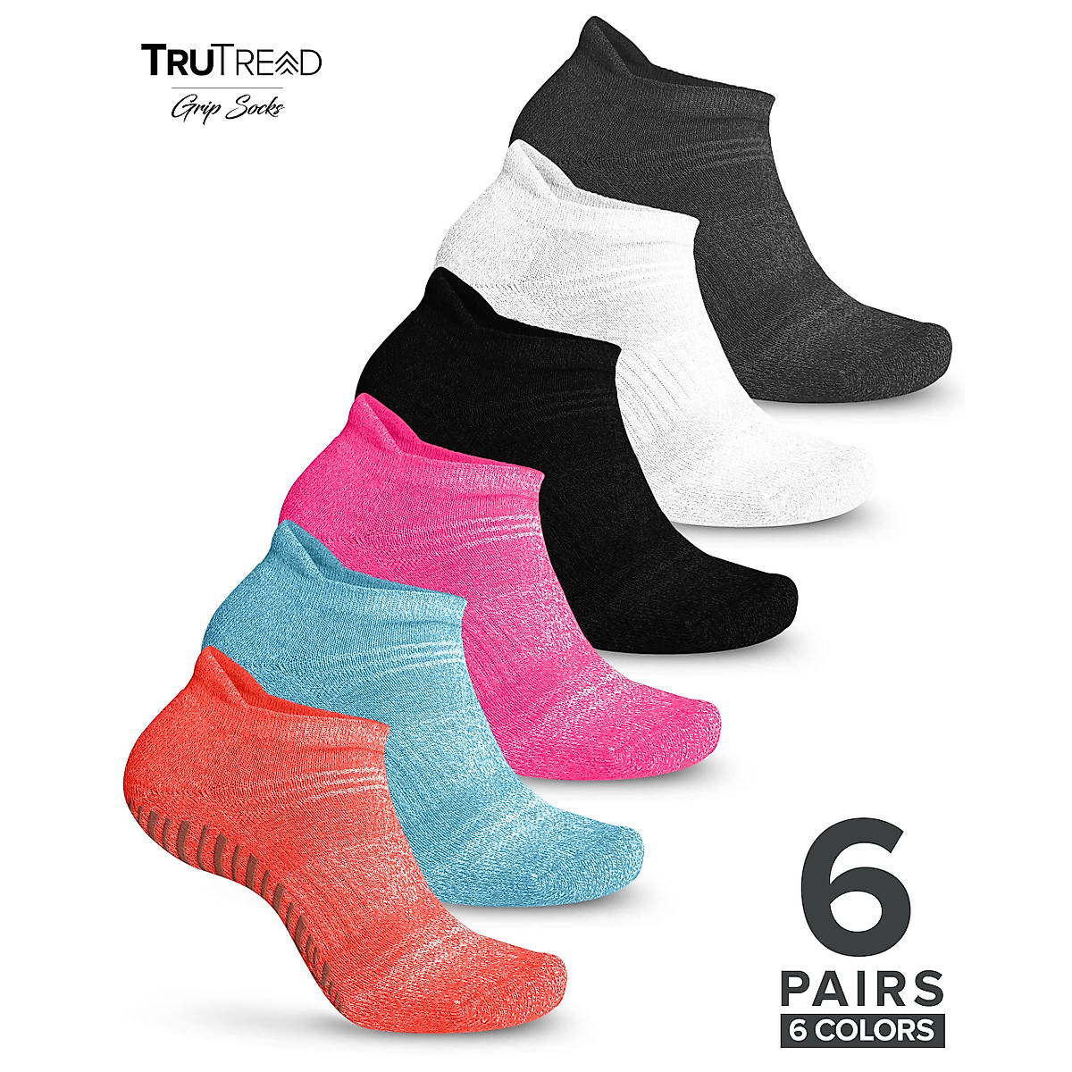 TruTread Pilates Socks with Grips for Women and Men - 6 Pairs Yoga Socks for Women | Yoga Socks for Men | Pure Barre Socks