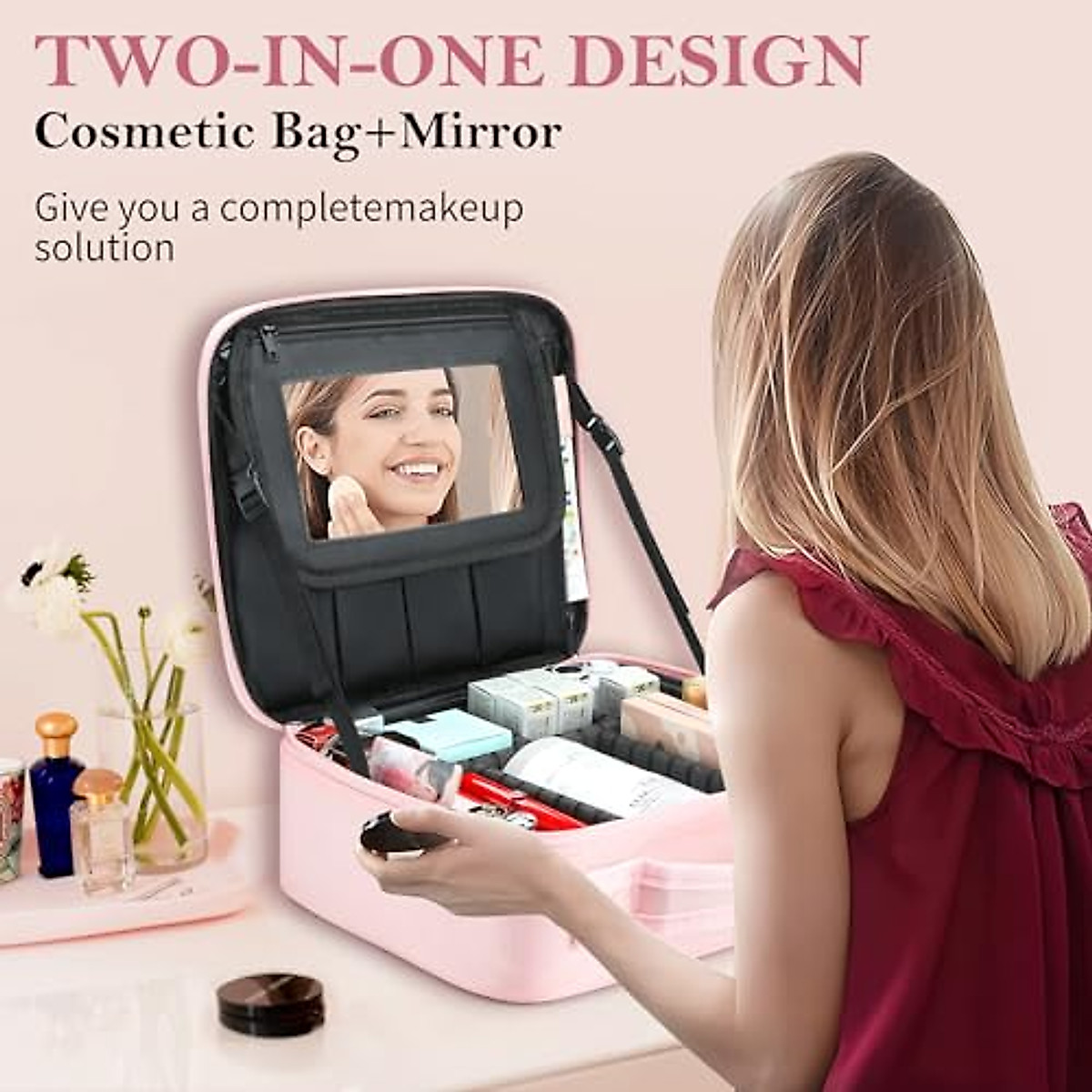 DROWIN Pink Makeup Bag with Mirror, Makeup Bags for Women, Travel Makeup Train Case, Makeup Organizer Bag, Adjustable Dividers & Support Straps, Portable Storage Bag for Makeup Brushes Toiletry