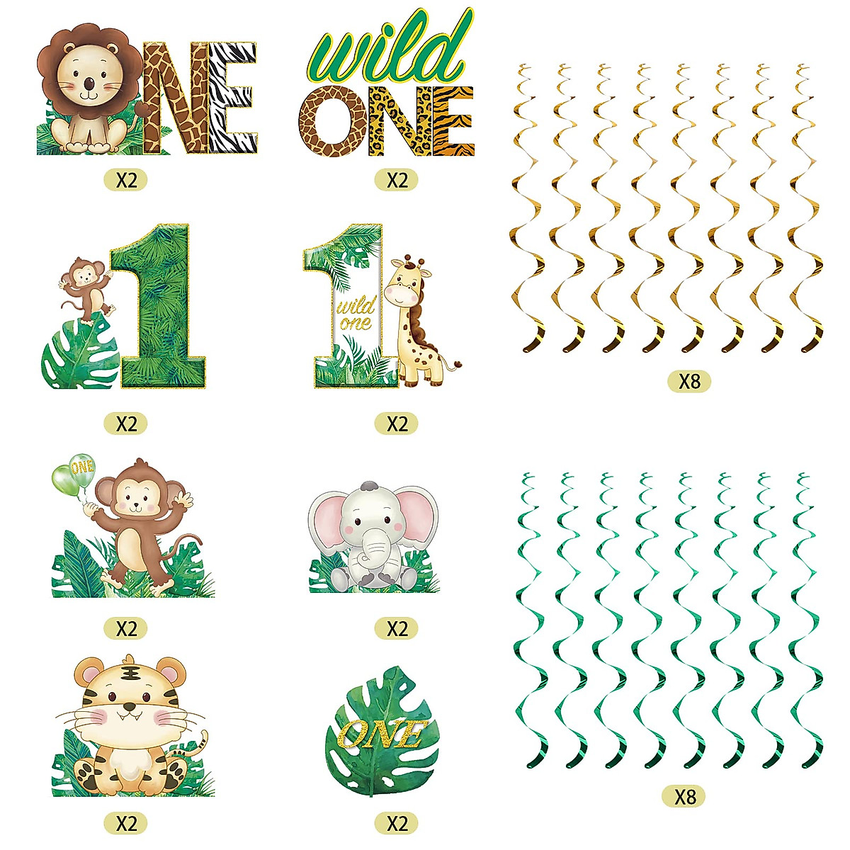 16pcs Wild One Birthday Decorations Hanging Swirls for Boys Girls, Jungle Safari Theme 1st Birthday Foil Swirls Party Supplies, Safari Animal First Bday Ceiling Sign Decor