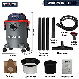 Stealth 3 in 1 Wet Dry Vacuum Cleaner, 5 Gallon 5.5 Peak HP, Portable Shop Vacuum with Blower, 1-1/4 inch Hose, ECV05P1