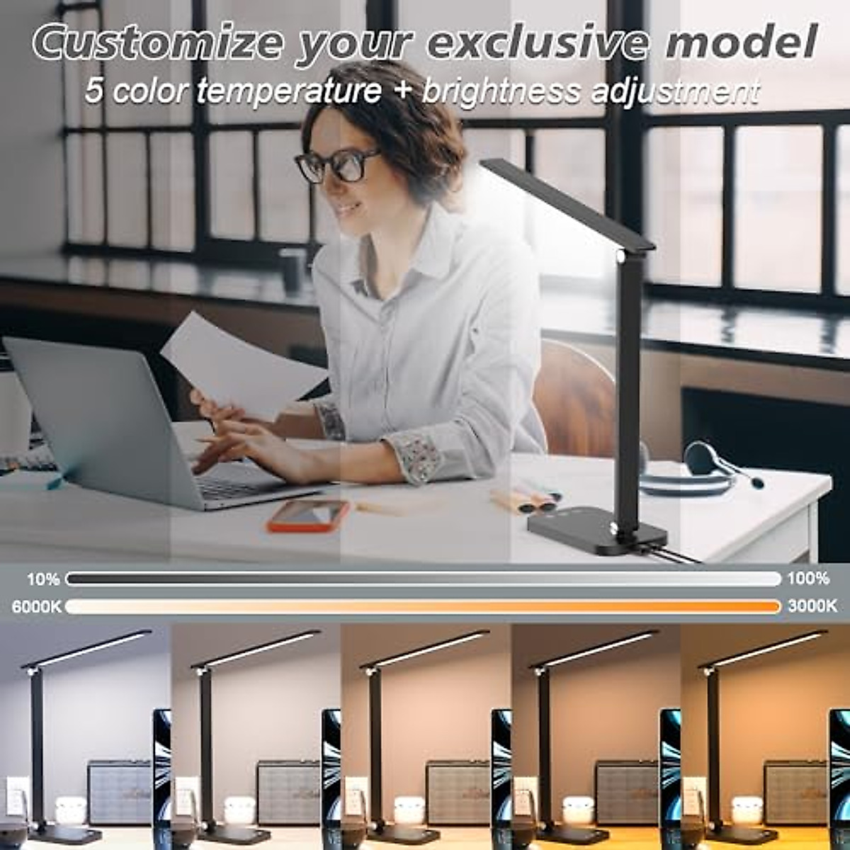 Bright Led Desk Lamp for College Dorm - Foldable Study Desk Light for Home Office, Modern Dorm Study Desk Lamps, 5 Light Mode Dimmable Brightness Eye-Caring Craft Task Lamp Reading Desktop Lamp,Black