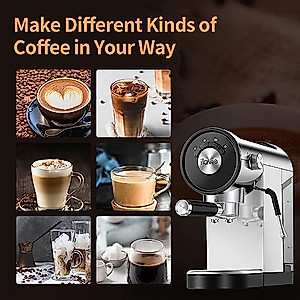 ILAVIE Espresso Coffee Machine, 20 Bar Espresso Machine with Steamer, Compact Espresso Maker with Milk Frother for Home, Stainless Steel Cappuccino Machine for Cappuccino, Latte, 1250W