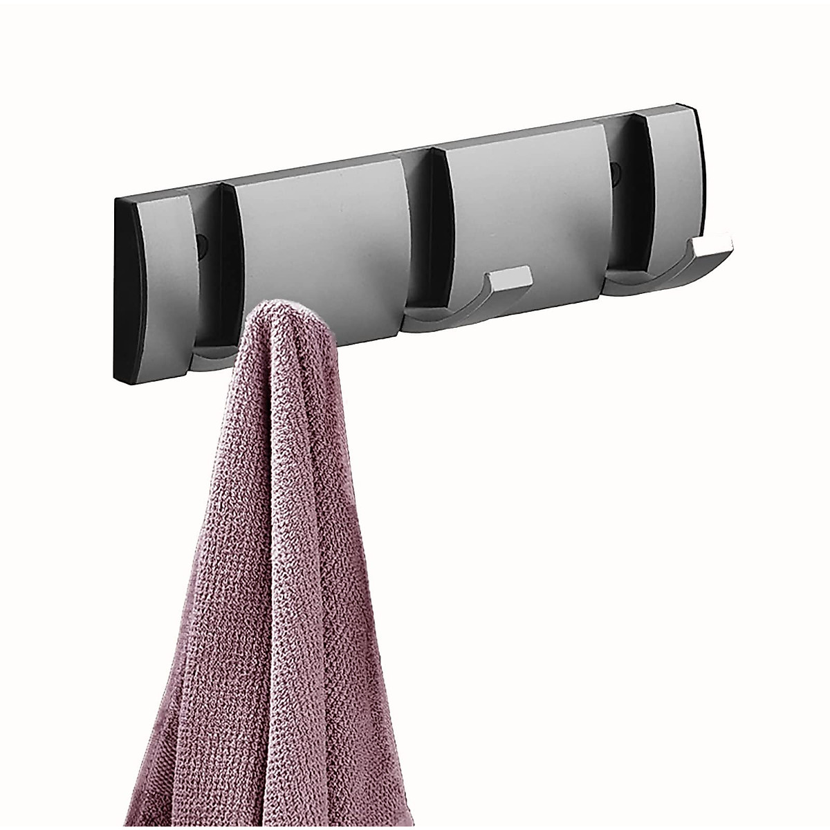 AISHEDYER Flip Wall Mounted Coat Hooks Floating Towel Rack, Aluminum Heavy Duty Wall Door Hanger with 3 Retractable Hooks to Hanging Clothes Hats Purses Keys - Grey, (MET-CH-004-GR)