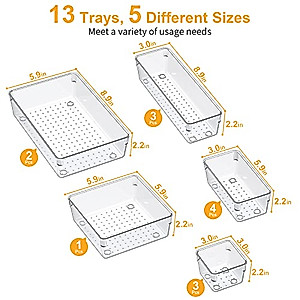 SMARTAKE 13-Piece Drawer Organizers with Non-Slip Silicone Pads, 5-Size Desk Drawer Organizer Trays Storage Tray for Makeup, Jewelries, Utensils in Bedroom Dresser, Office and Kitchen, Clear