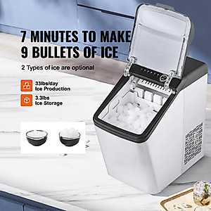 VEVOR Countertop Ice Maker, 33lbs in 24Hrs, 2 Ways to Water Inlet Self-Cleaning Portable Ice Maker with 2 Sizes Bullet Ice, Ice Maker with Scoop and Basket for Home Kitchen Office Party
