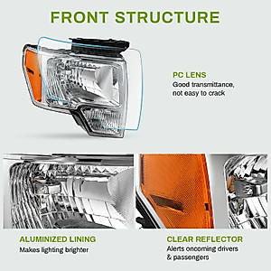 AUTOSAVER88 Headlight Assembly Compatible with 2009-2014 Ford F150 Pickup OE Direct Replacement Headlamp Chrome Housing Clear Lens with Chrome Trim