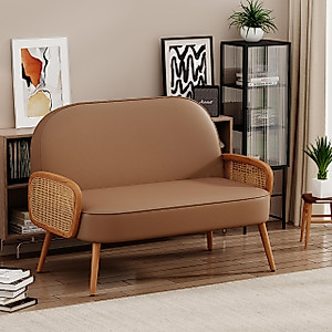 WENTMENT Loveseat Sofa Small Couch for Living Room, Faux Leather Mini Couch Love Seat with Natural Rattan Armrest and Solid Wooden Legs Small Sofa for Small Space, Bedroom, Apartment（Brown）