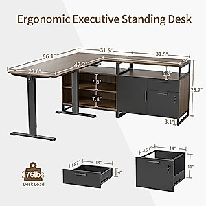 FEZIBO 66 Inch Executive L Shaped Standing Desk with 2-Drawer File Cabinet, Electric Height Adjustable Stand up Desk, Home Office Modern Wood Computer Desk with Shelves, Black Frame/Dark Walnut Top