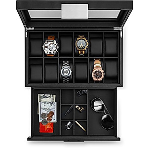 Glenor Co Watch Box with Valet Drawer for Men - 12 Slot Luxury Watch Case Display Organizer, Carbon Fiber Design - Metal Buckle for Mens Jewelry Watches, Men's Storage Boxes Holder has Large Glass Top