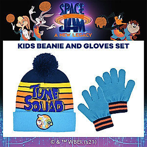 Concept One Space Jam A New Legacy Tune Squad Kids Pom Cuffed Beanie Hat and Gloves Set, Blue, One Size