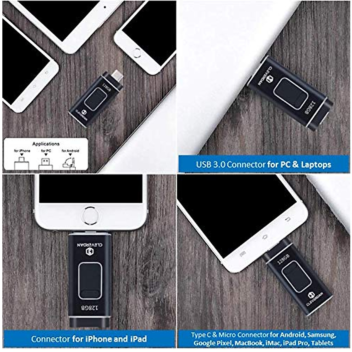 4-in-1 Android and iPhone 128GB Photo Stick USB 3.0 Flash Drive - Compatible with All Your Devices! iPhone iPad Samsung Pixel LG PC Mac (Easy Backup & External Storage + Certified iOS App) Cleverdan