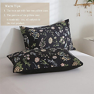 Floral Comforter Set Queen Size, Yellow Green Botanical Flower Leaves Printed Comforter for Kids Teen Women, 3 Piece Soft Microfiber Bedding Set with 2 Pillow Cases for All Season(Black,Queen)