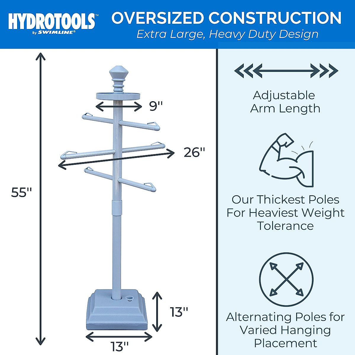 HYDROTOOLS BY SWIMLINE 89033 Premium Free Standing Poolside Valet Towel Rack Adjustable With Water Weighted Base Three Arms Secure Clips For Outdoors & Indoors Pool Patio Poolside Holder Drying Stand