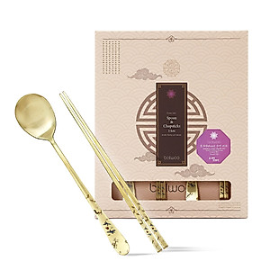 BALWOO [2 Sets] [Made in Korea] Crane Painting Design Korean Table Sticky Rice Spoon and Chopsticks 304 Stainless Steel Gold Titanium Plated Mukbang Cutlery
