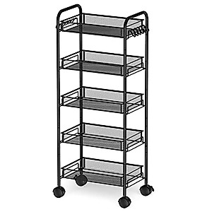 HomeHom 5-Tier Rolling Cart, Metal Utility Cart with Lockable Wheels, Rolling Storage Cart with Handle Kitchen Cart with 12 Hooks for Office, Bathroom, Kitchen, Kids' Room, Classroom (Black)