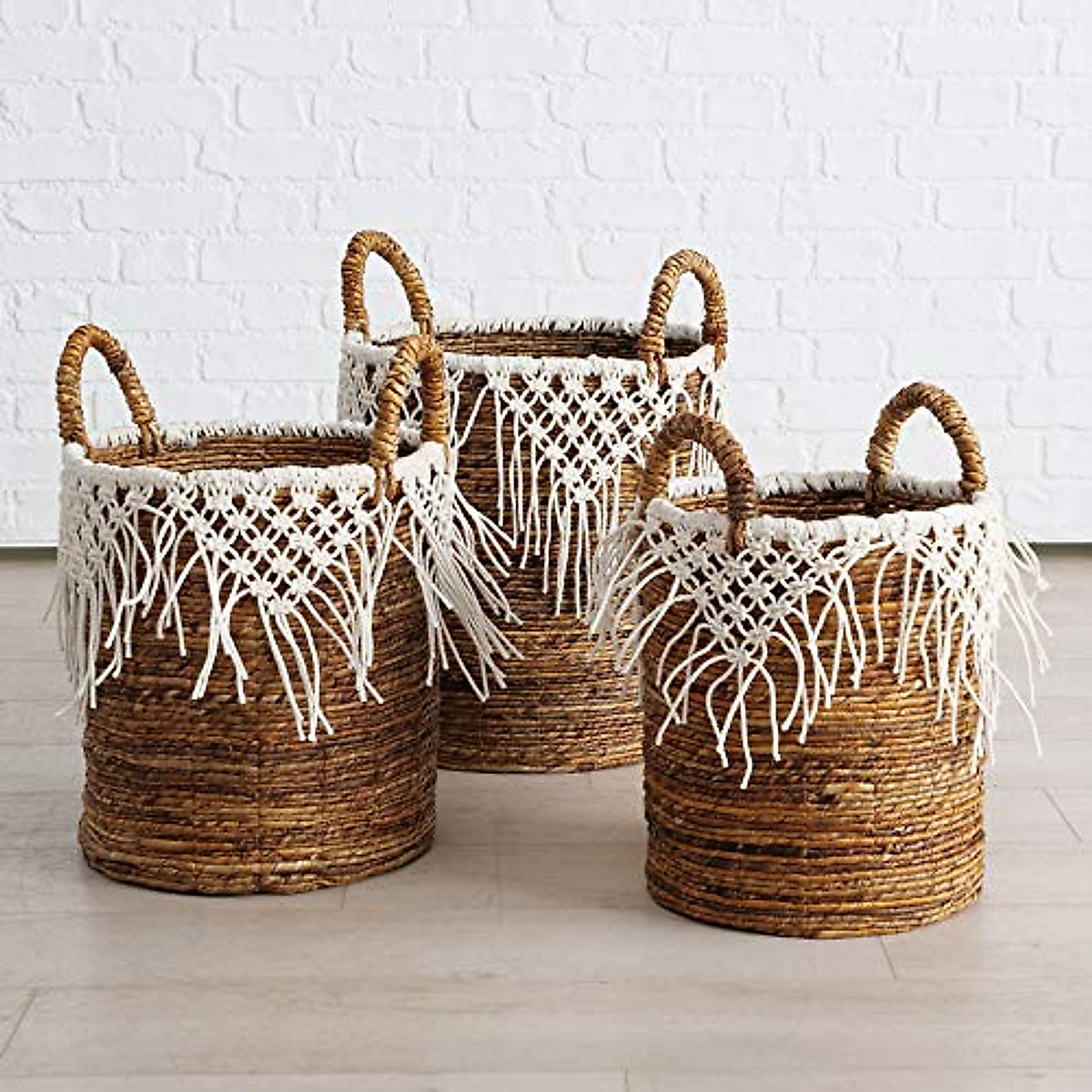 Boho Romantic Lace Baskets, Set of 3, Knotted Fringe Cotton Macrame Details, Relaxed Coastal Style, Woven Chunky Banana Leaf, Thick Handles, 21.75, 19.75, and 1