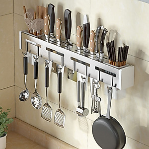 Camidy Stainless Steel Knife Bar Wall Mounted Kitchen Knife Holder Knife Block with Chopstick Holders 8 Hooks