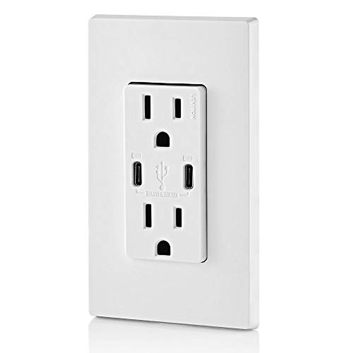 Leviton T5635-W USB Dual Type-C with Power Delivery (PD) In-Wall Charger & T5632-W 15-Amp Charger/Tamper Resistant Duplex Receptacle, 1-Pack, White