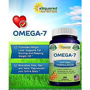 Purified Omega 7 Fatty Acids - 200 Capsules - from Natural Sea Buckthorn, XL Vitamin Supplement, No Fish Burp, Vegan Omega-7 Palmitoleic Acid, Compare to Omega 3 6 9 for Complete Weight Loss Results