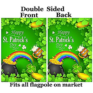 ShineSnow Happy St Patrick's Day Shamrock Spring Clover Lucky Rainbow Coin Pot House Flag 28" x 40" Double Sided Polyester Welcome Large Yard Garden Flag Banners for Patio Lawn Home Outdoor Decor