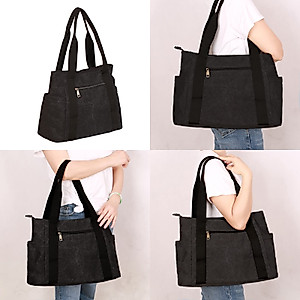 YHSHYZH Black Tote Bags for Women, Canvas Work Bags, Medium Beach Bag with Zipper, Teacher Shoulder Bag, Everything Purses for Women Gifts Trendy (Medium, Black) …