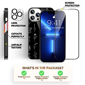 GULTMEE [3 in 1 Designed for iPhone 13 Pro Max Case Black Wildflowers Print Tire Texture Non-Slip Shockproof Protective Case Tempered Glass Screen Protector + Camera Lens Protector, 6.7 inch 2021