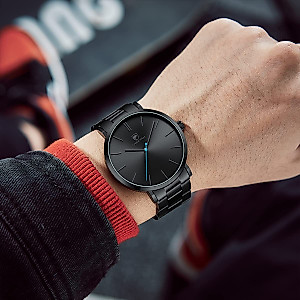GOLDEN HOUR Men's Watches Slim Minimalist Runway Black Stainless Steel Quartz Analog Watch with Blue Hands