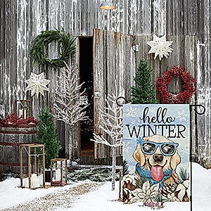 CROWNED BEAUTY Hello Winter Dog Golden Retriever Garden Flag 12x18 Inch Small Double Sided Yard Decorative Holiday Seasonal Outside Welcome Burlap Farmhouse Decoration