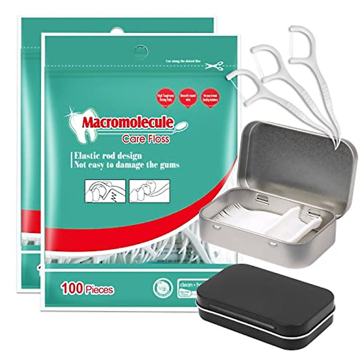 Dental Floss Case Travel Floss, 200 Count Dental Floss Picks with 2 Travel Cases, Fine Dental Flossers, Dental Picks for Teeth Cleaning(Silver, Black)